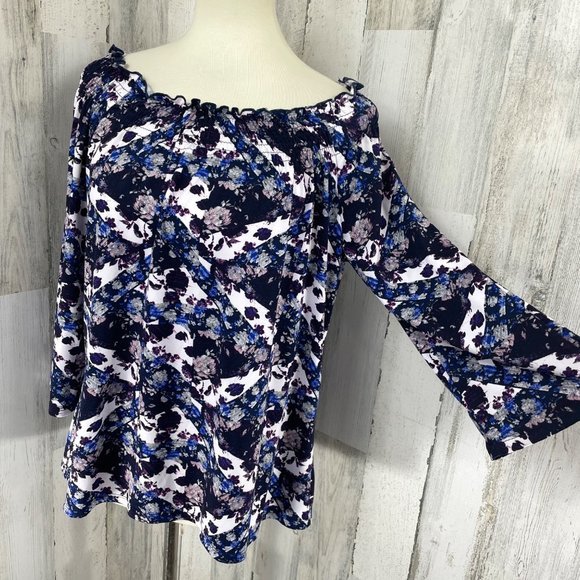 Notations | Tops | Notations Womens Blue Floral Liquid Knit 34 Sleeve ...